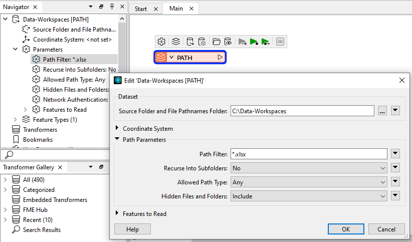Setting the Path Filter in the FME Workbench Navigator